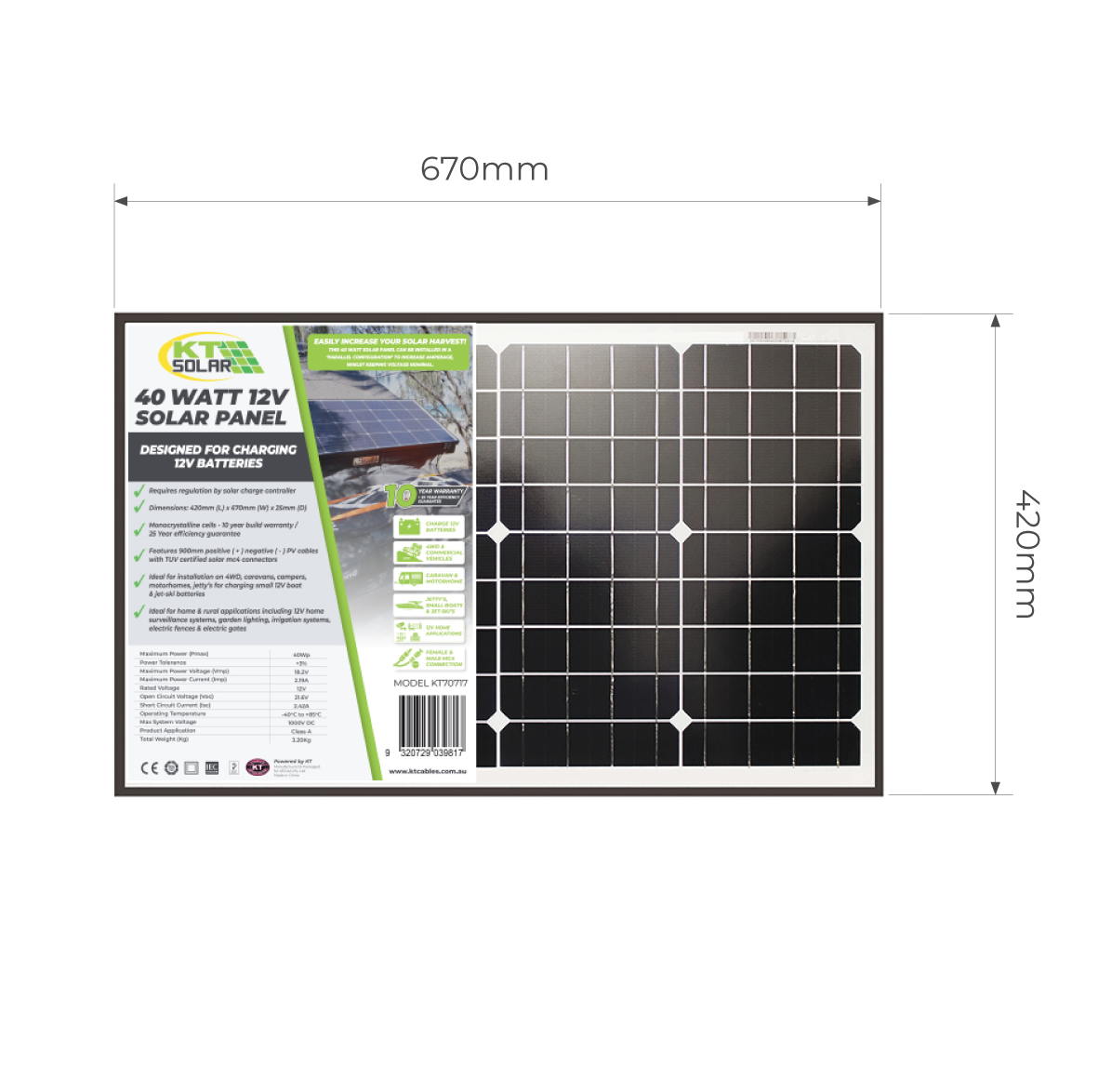 40 Watt, 12V Single Cell Monocrystalline Solar Panel – KT Solar