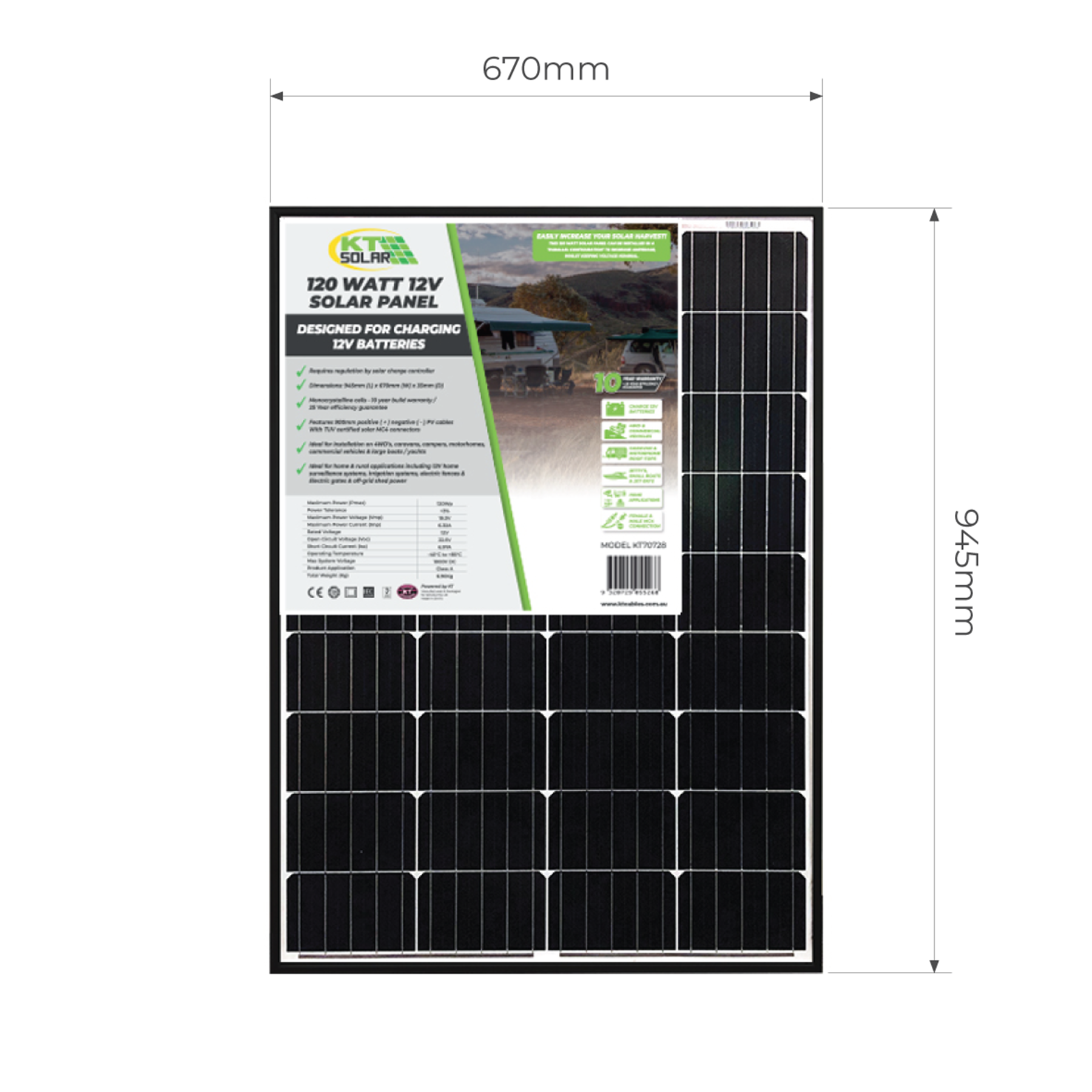 120 Watt, 12V Single Cell Monocrystalline Solar Panel – KT Solar