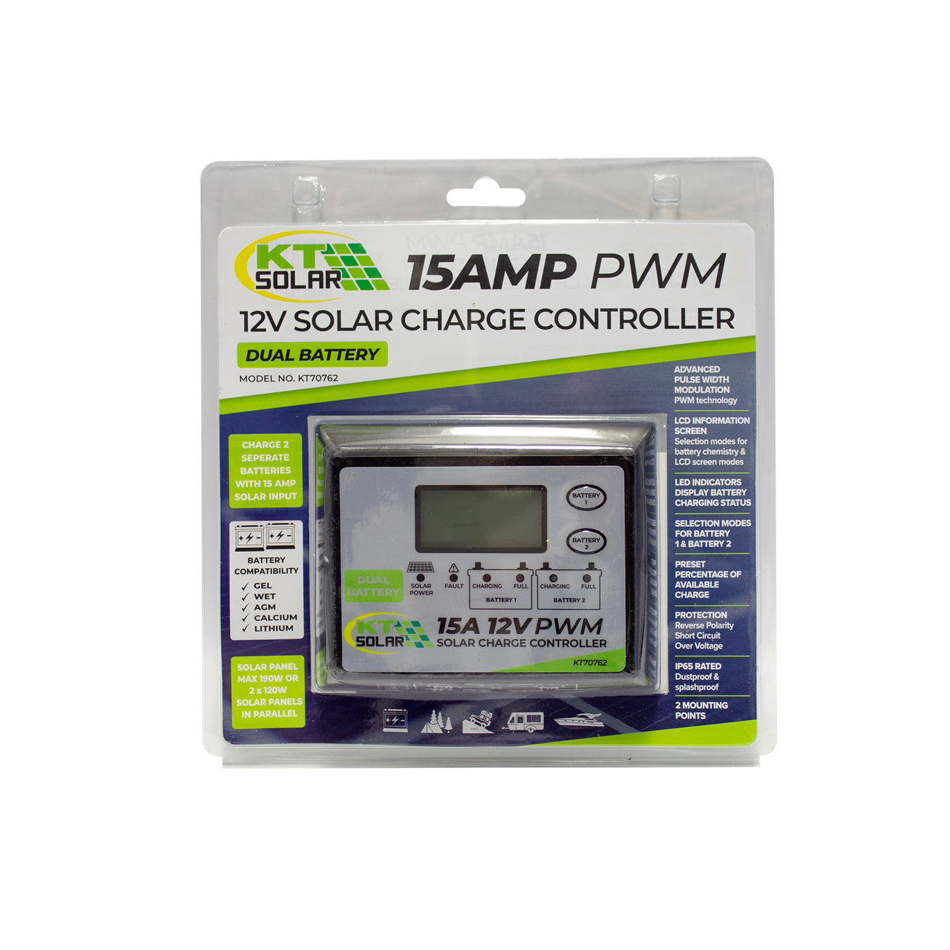 15Amp, 12V PWM Dual Solar Charge Controller – KT Solar